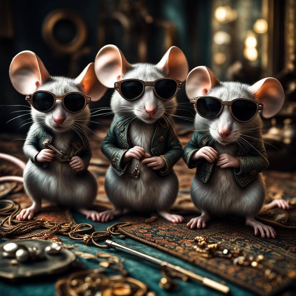 3 blind mice, canes, dark glasses, intricate details, beautifully shot ...