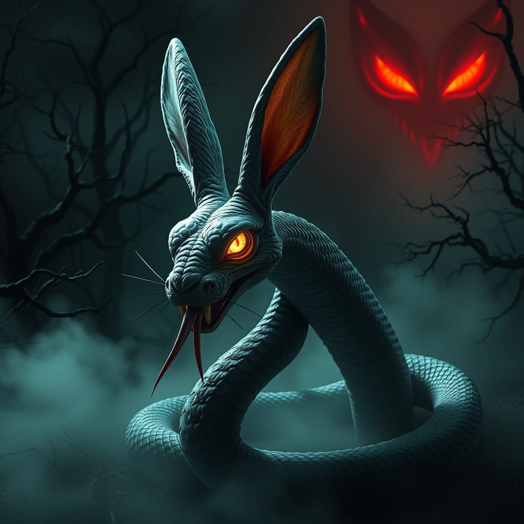 Hyper-Realistic Snake-Rabbit Hybrid in Dark, Mysti... - AI Art