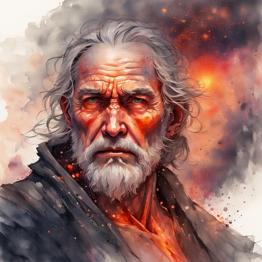"Digital watercolor realistic_stunning_handsome_oldman_made_of_lava ...