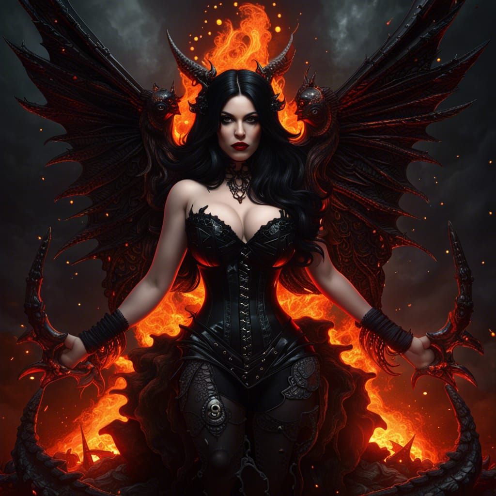 Pinup curvy satanic witch hellscape fire brimstone black lace corset vinyl shiny black hair - AI ...