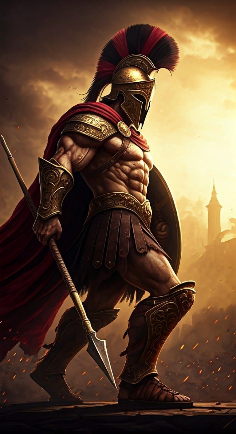 Muscular Spartan Warrior Charging into Battle in A... - AI Art