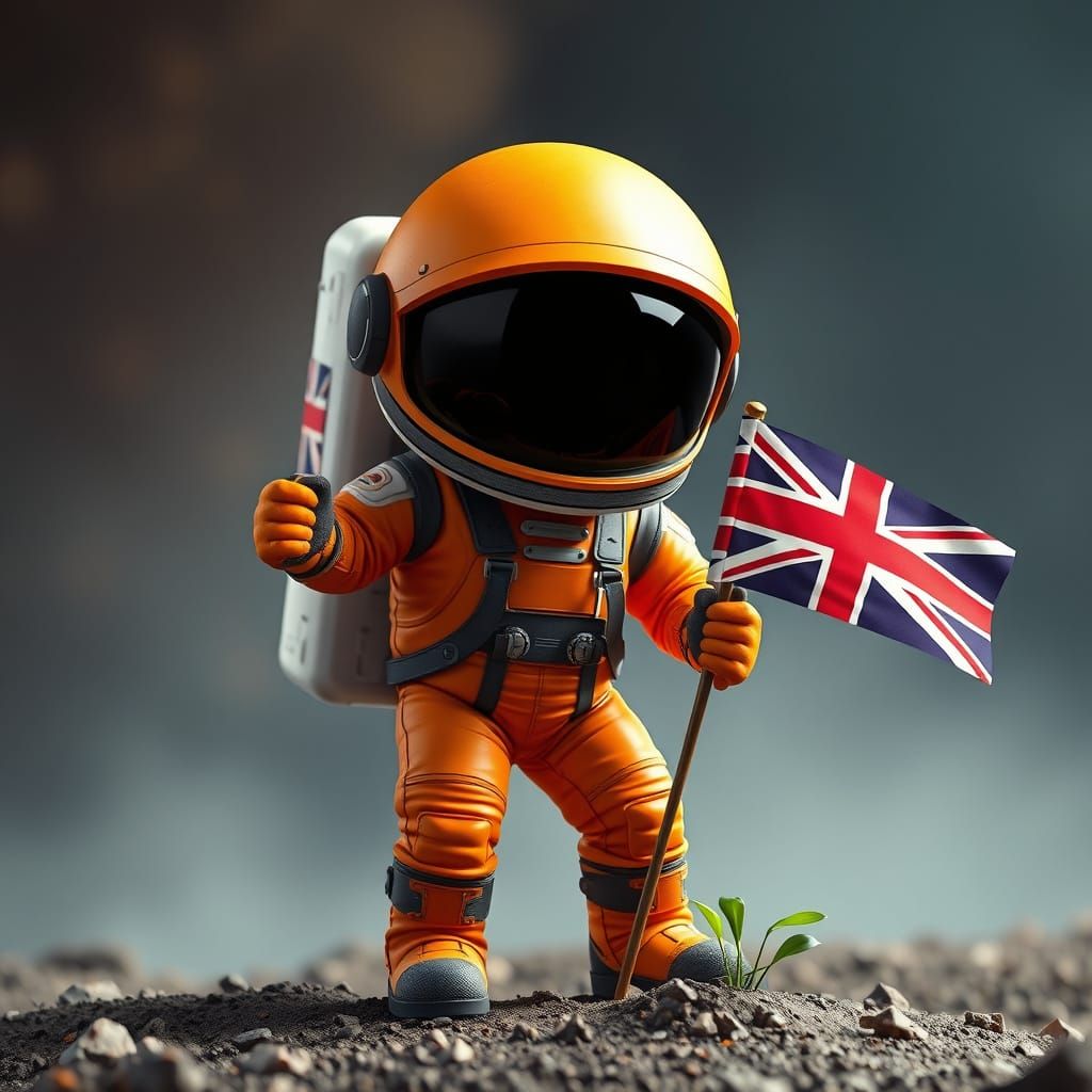 Spaceman in a Burnt Orange Spacesuit, Planting a Union Jack flag