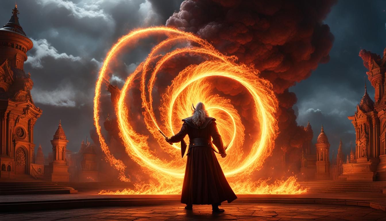 a fire-vortex, a fire-tornado, with lighting swirls around a grand ...