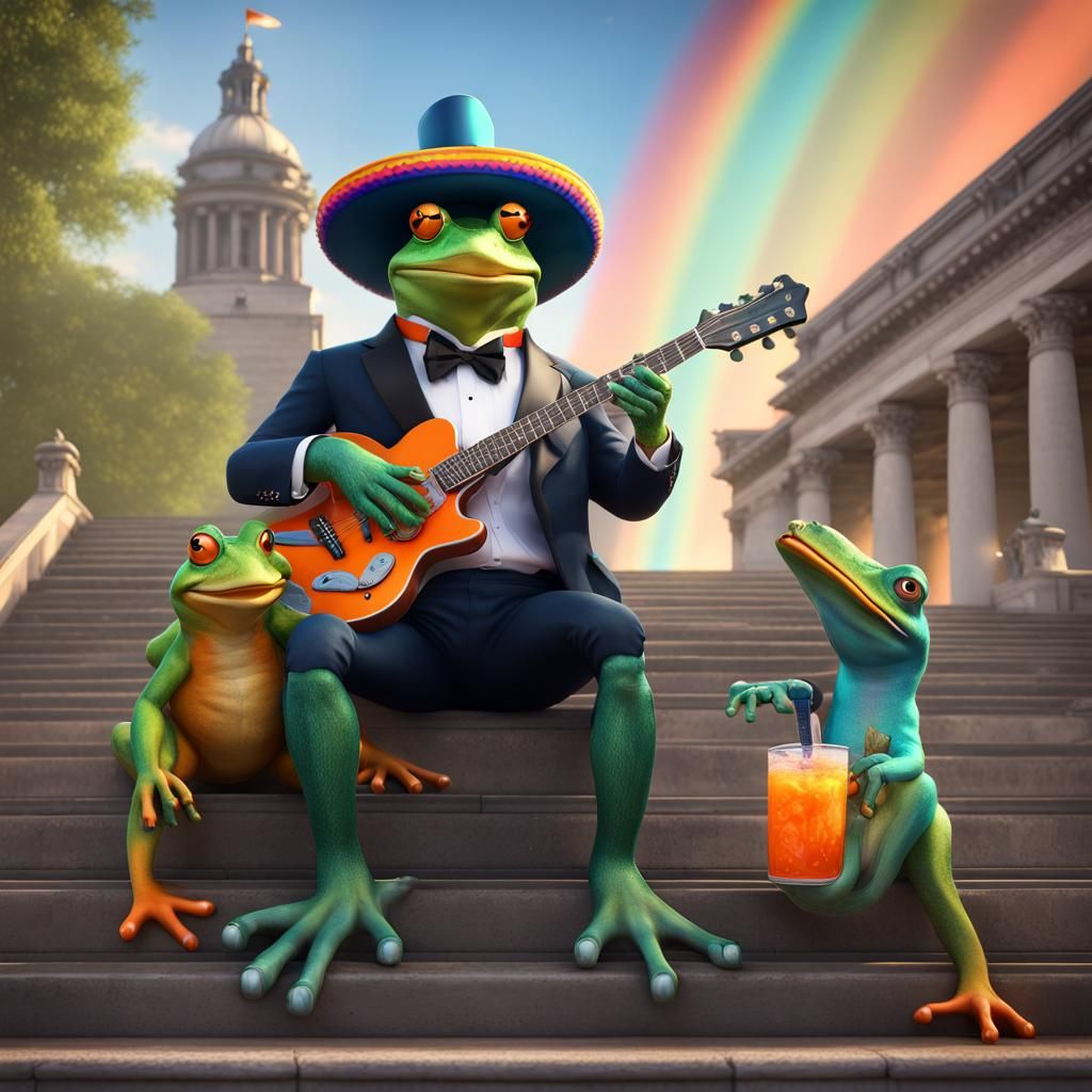 a singing frog wearing a tuxedo wearing a neon sombrero while drinking ...