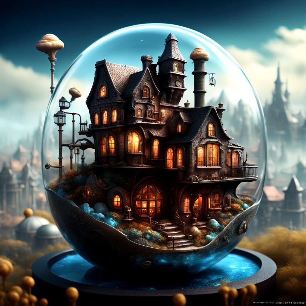 A Miniature Cottages in A Crystal Glass - AI Generated Artwork ...