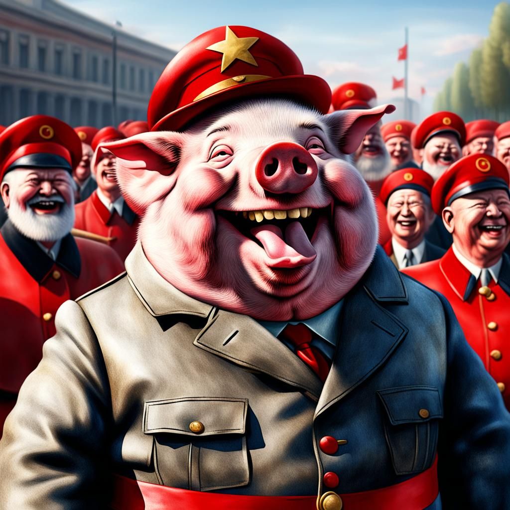 ultra realistic anthropomorphic very fat ugly pig dressed as communist laughing looking at ...
