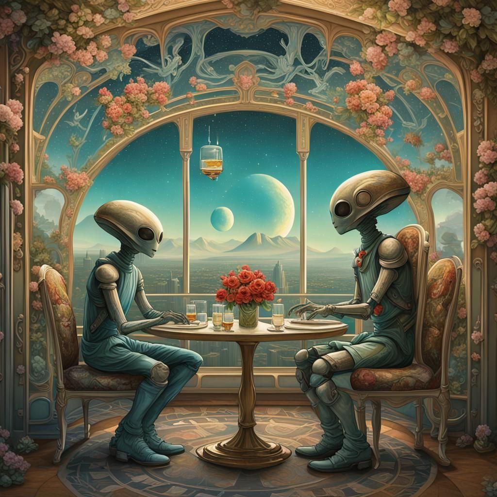 Two aliens on a date in a fancy restaurant. art nouveau rococo ...