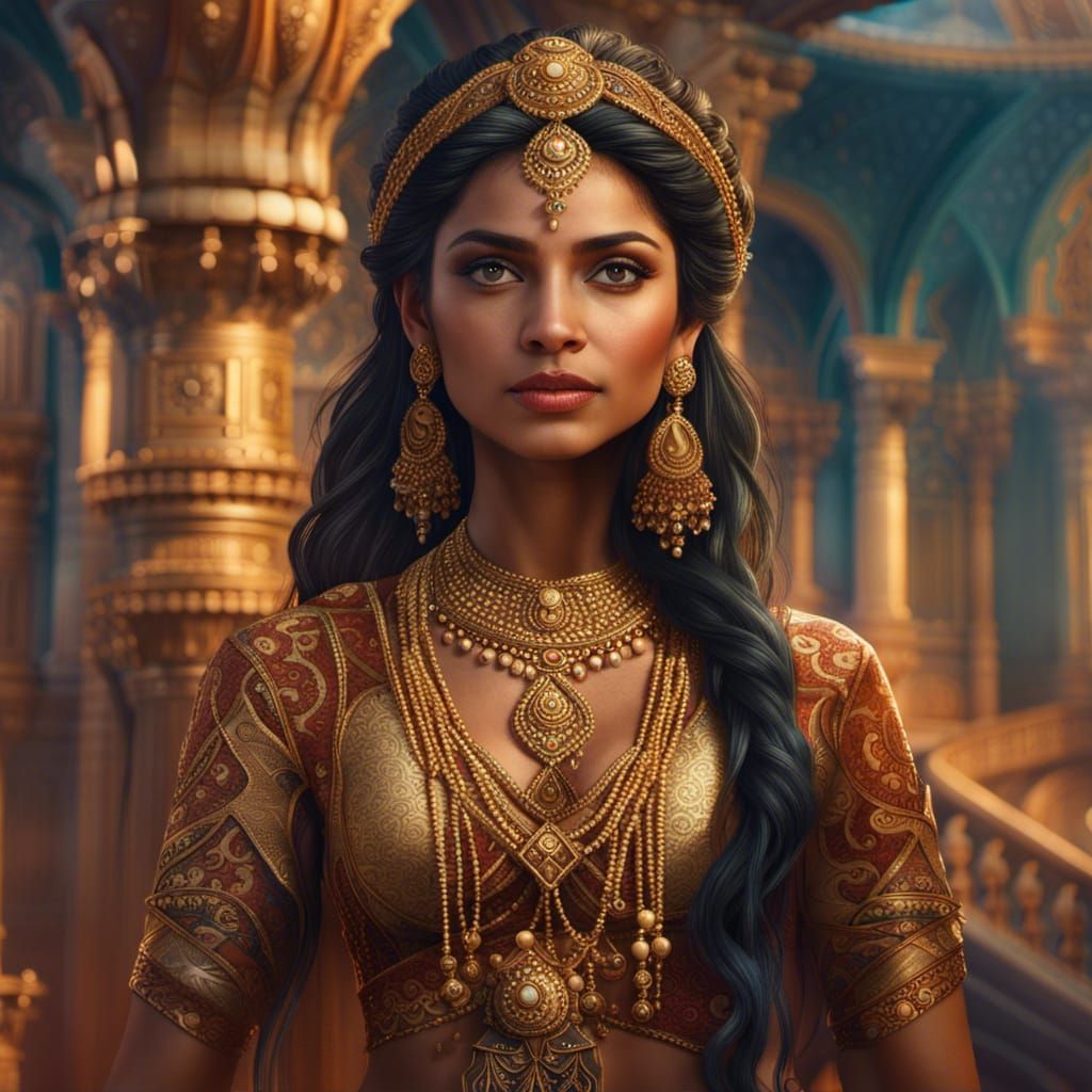 Beautiful Indian princess, gold, elaborate hair, luxurious clothing ...