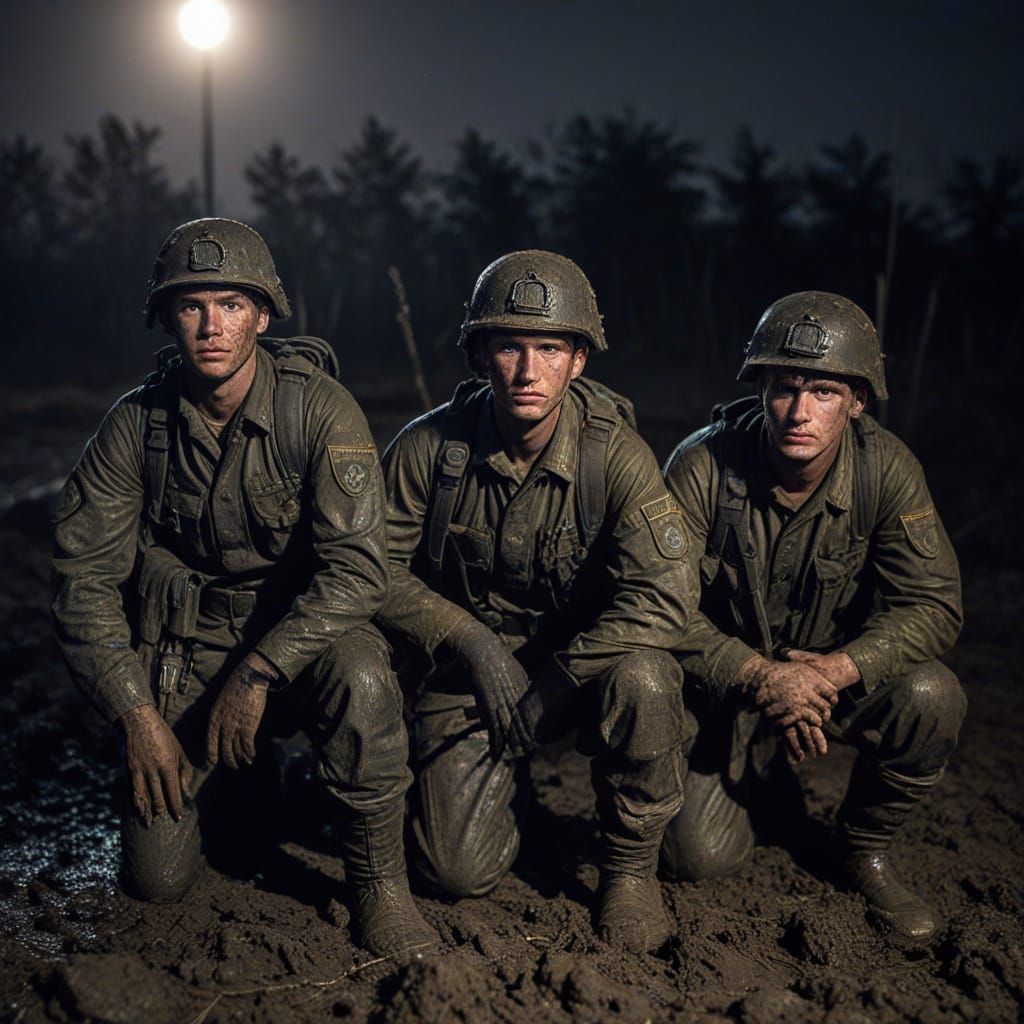 soldiers in a muddy field at night.