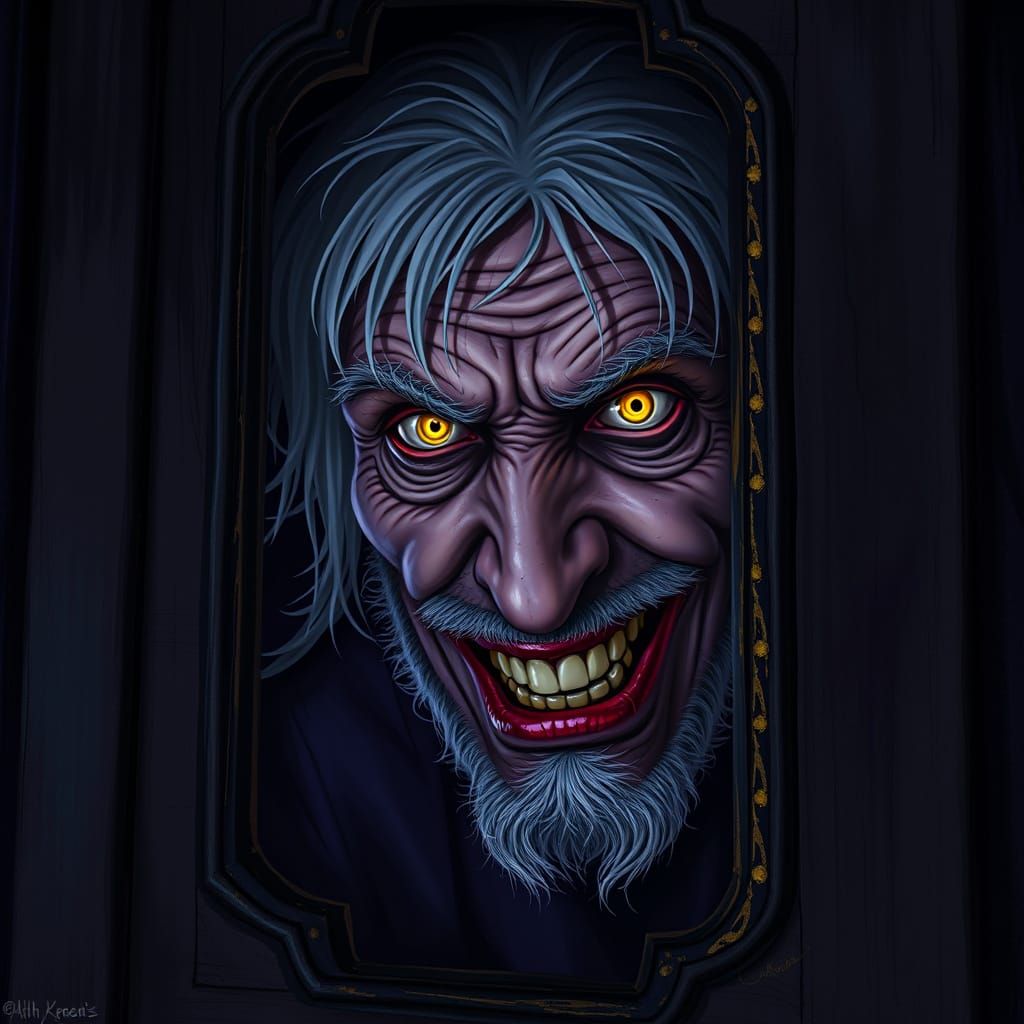 Evil Old Man Leans into Window, Piercing Yellow Ey... - AI Art