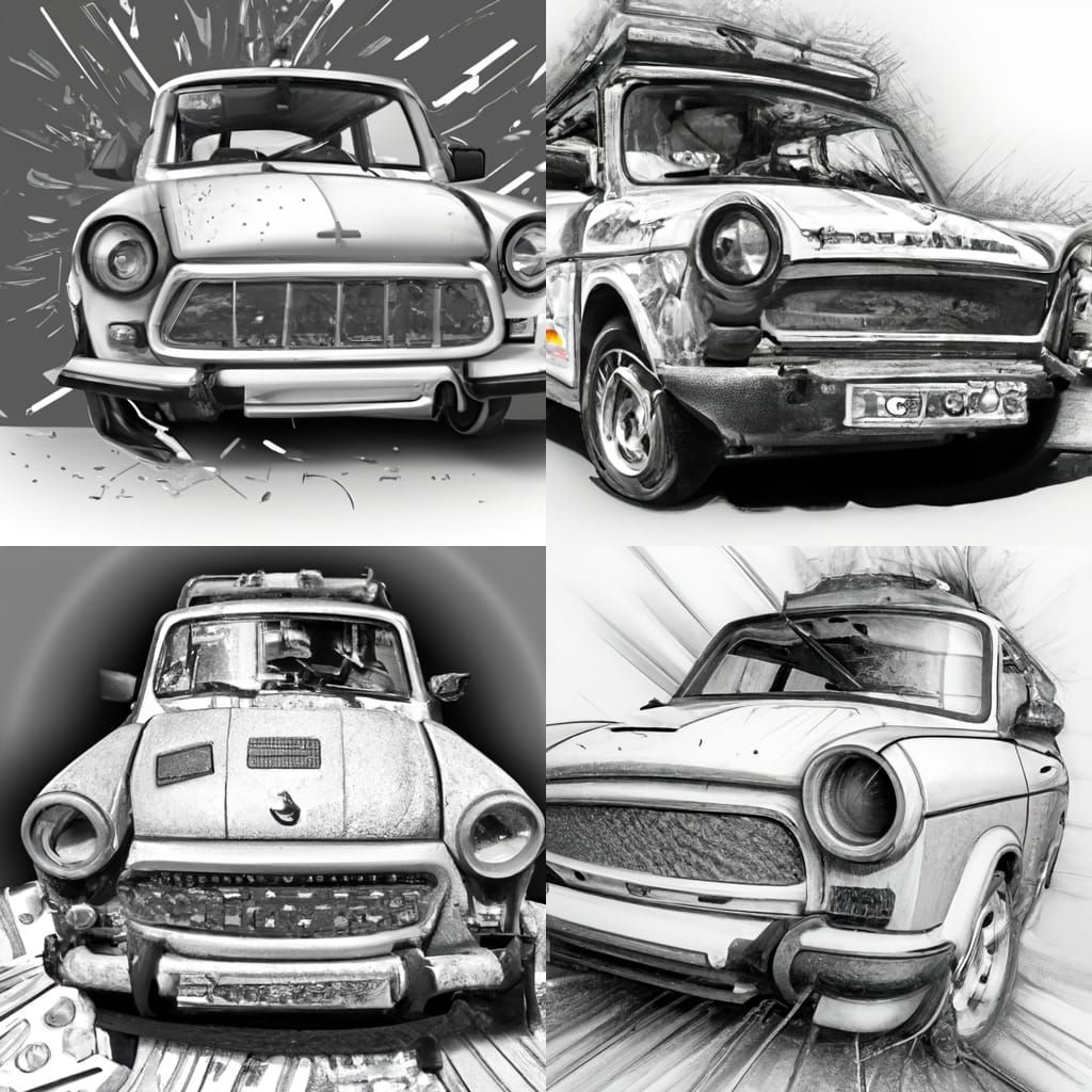 black and white pencil drawing of a trabant 601 in hyperdetailed and ...
