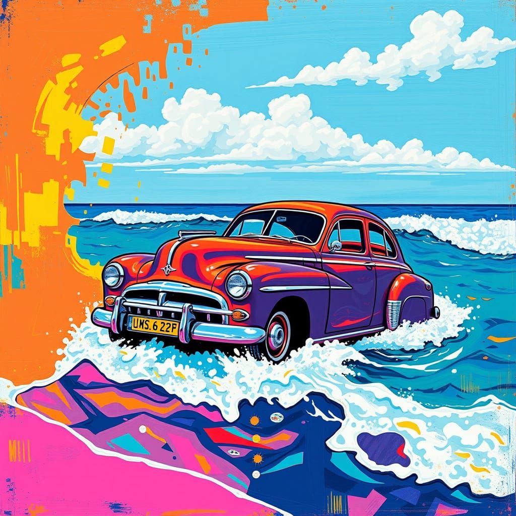 Vintage Car on Ocean in Abstract Expressionist Sty... - AI Art