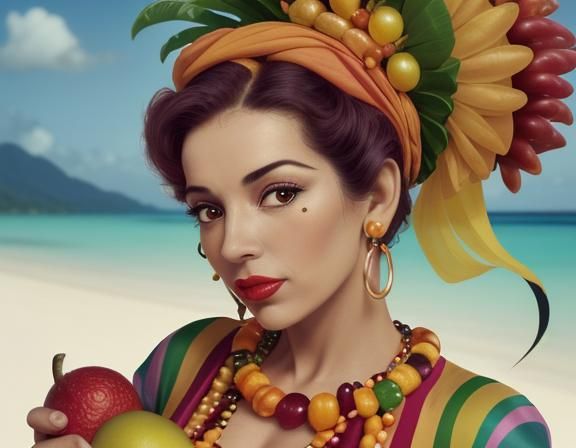 Carmen Miranda with her fruit turban on a Island Oasis. Chica chica ...