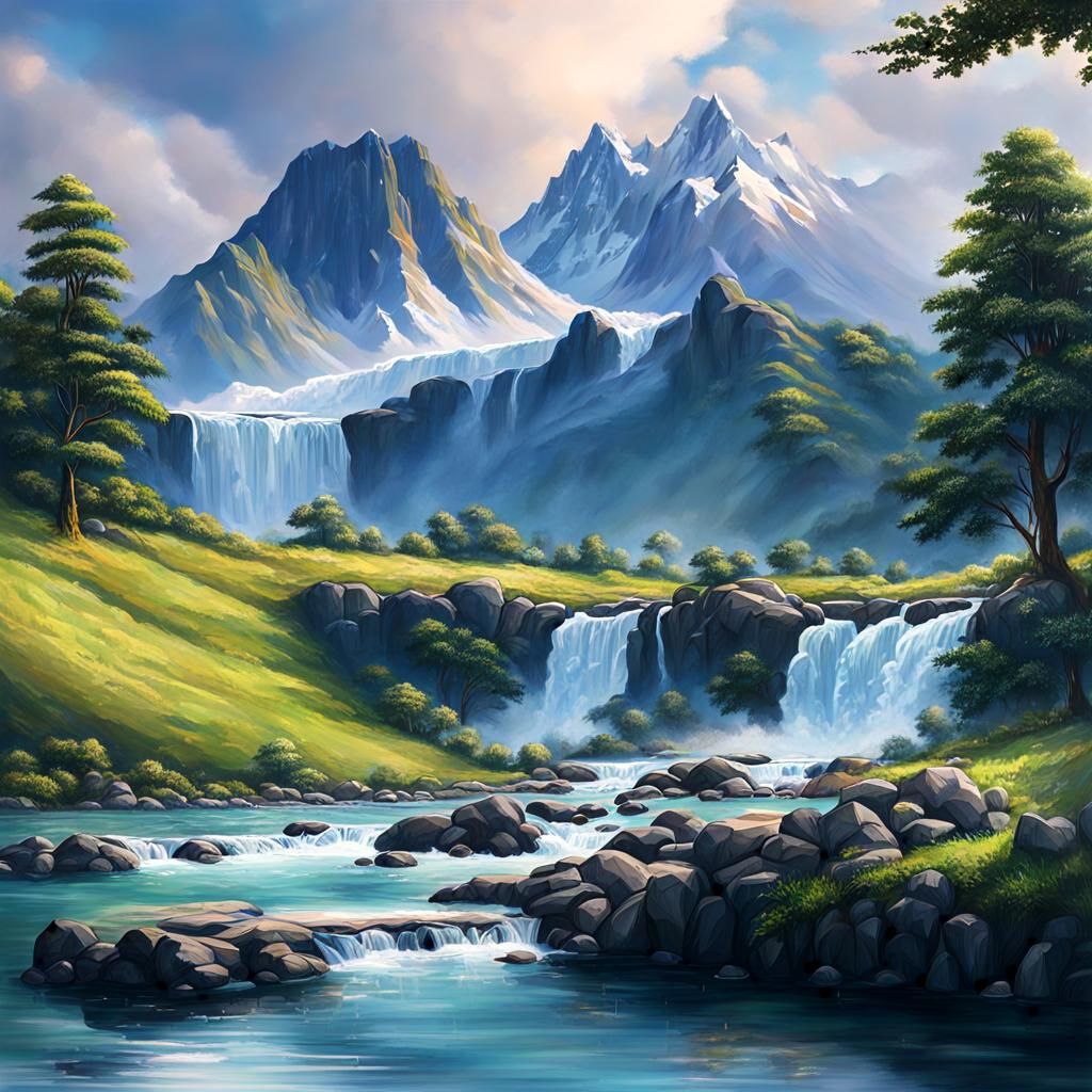 Waterfall and mountains - AI Generated Artwork - NightCafe Creator