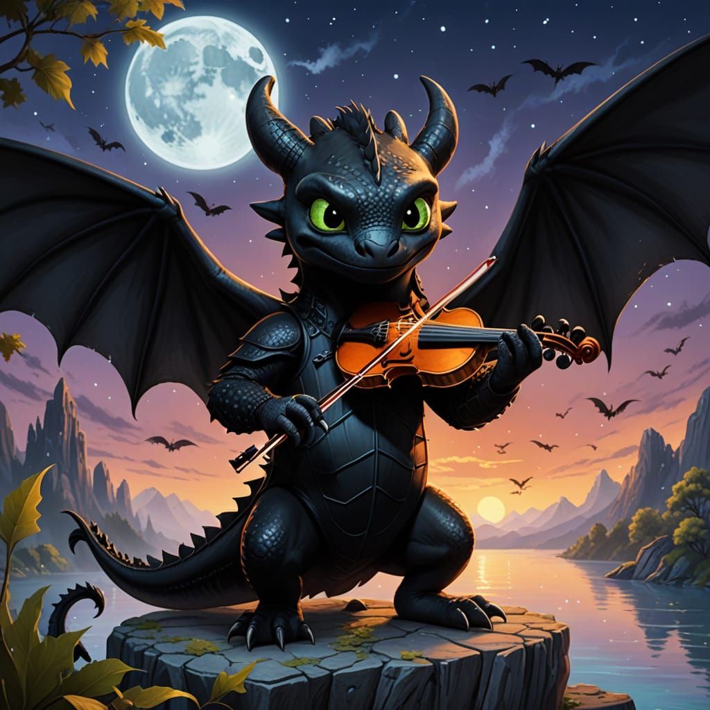 Toothless Night Fury Dragon Plays Violin - AI Art