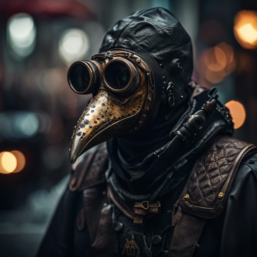 Dystopian plague doctor hazmat suit bird beak respirator in post ...