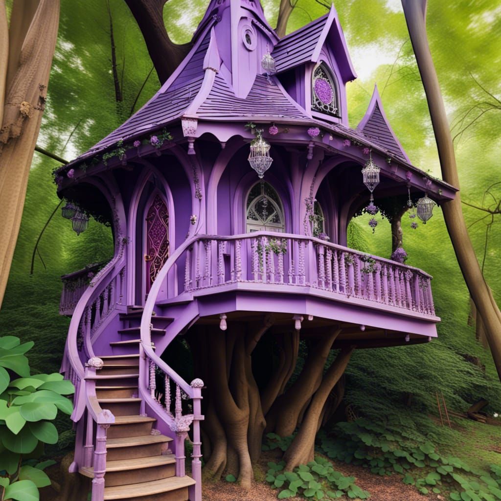 Legendary dreamy gothic purple treehouse with purple blossoms in the ...