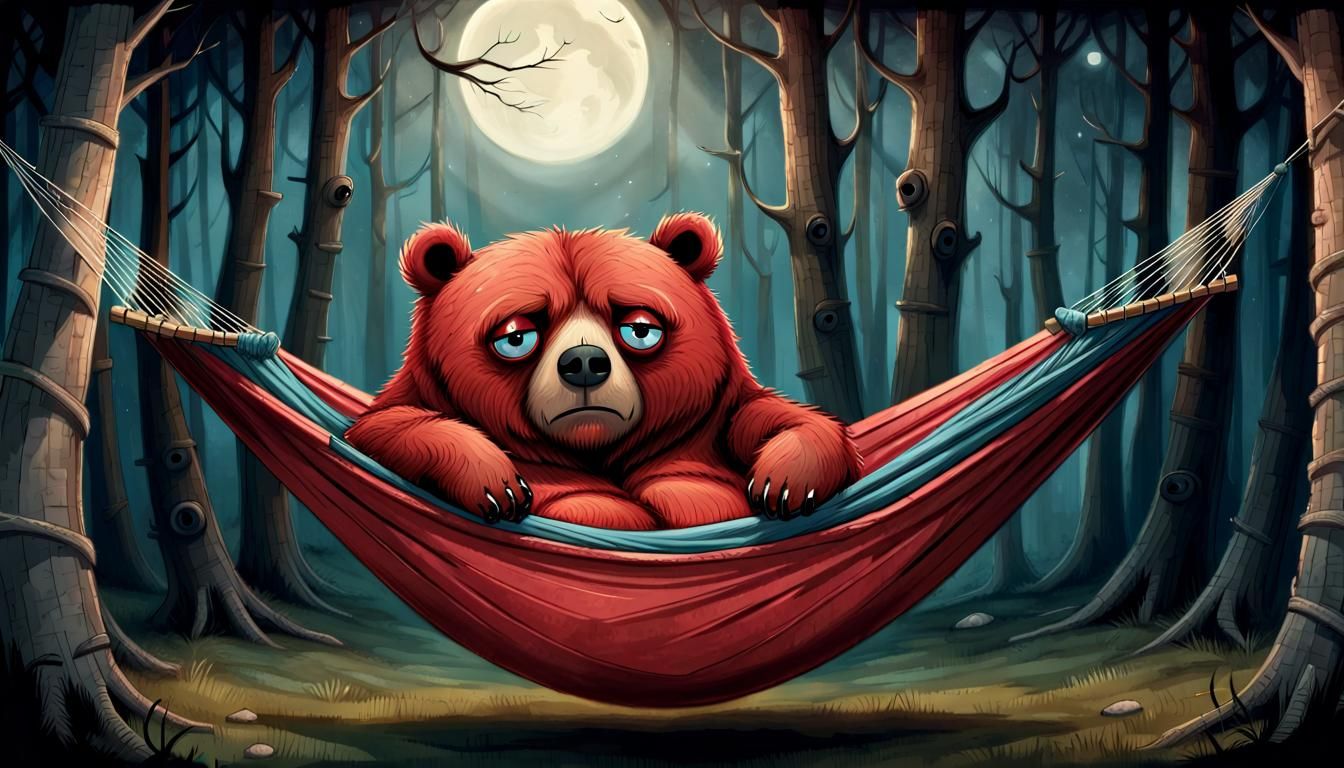 Surreal Grumpy Bear Caught in Hammock Slumber - AI Art