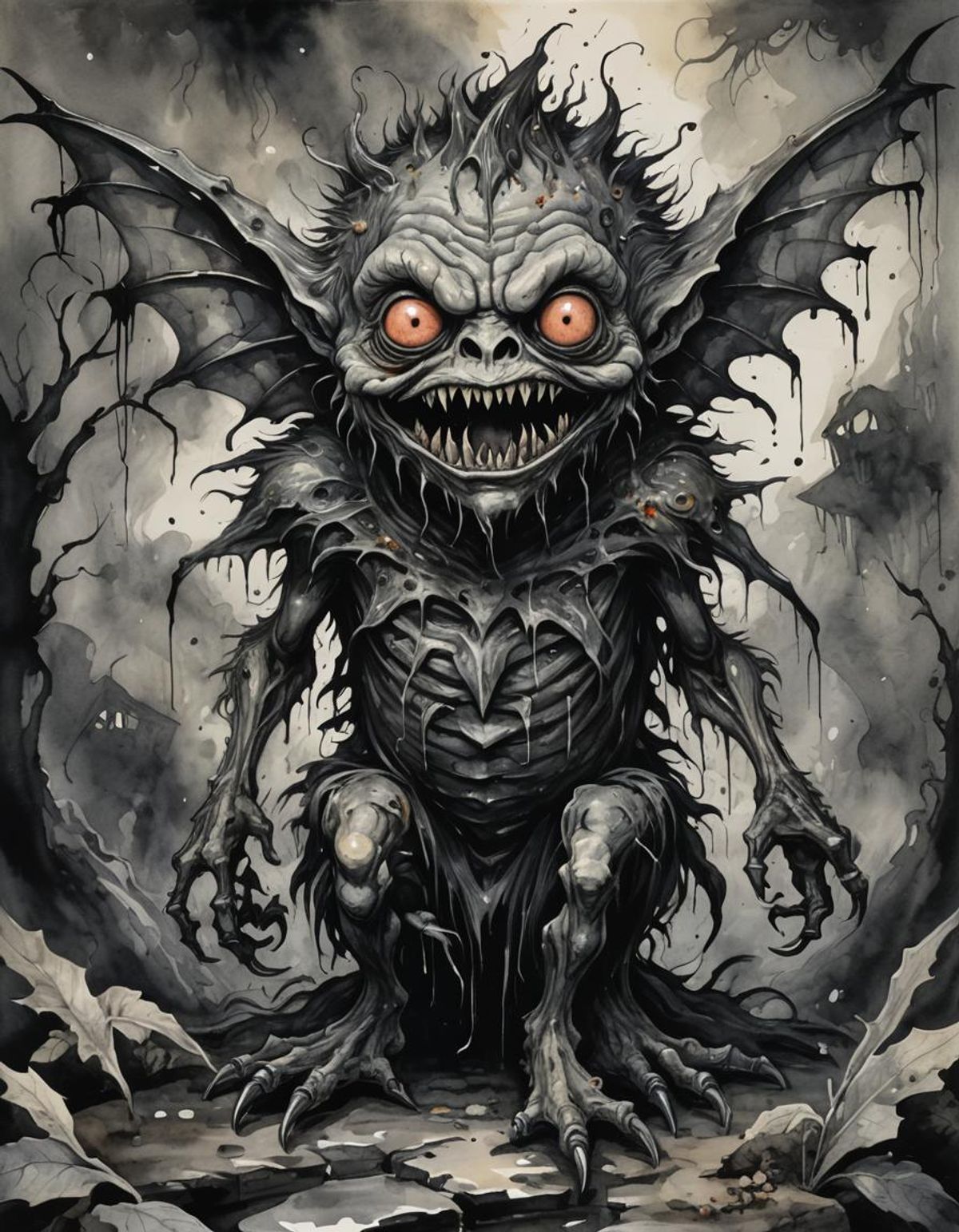 evil horror rotting fairy monster black and grey ink - AI Generated ...