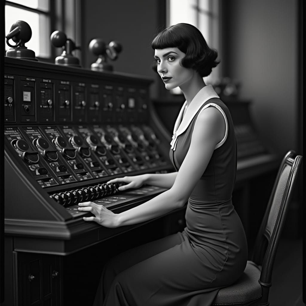 Vintage Telephone Operator in Classic Black and Wh... - AI Art