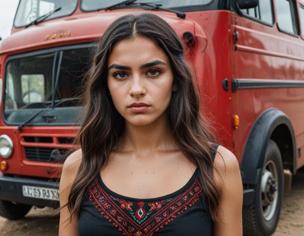 Young gypsy woman, with long dark brown hair, dark hairy eyebrows, intense stern stare, light ...