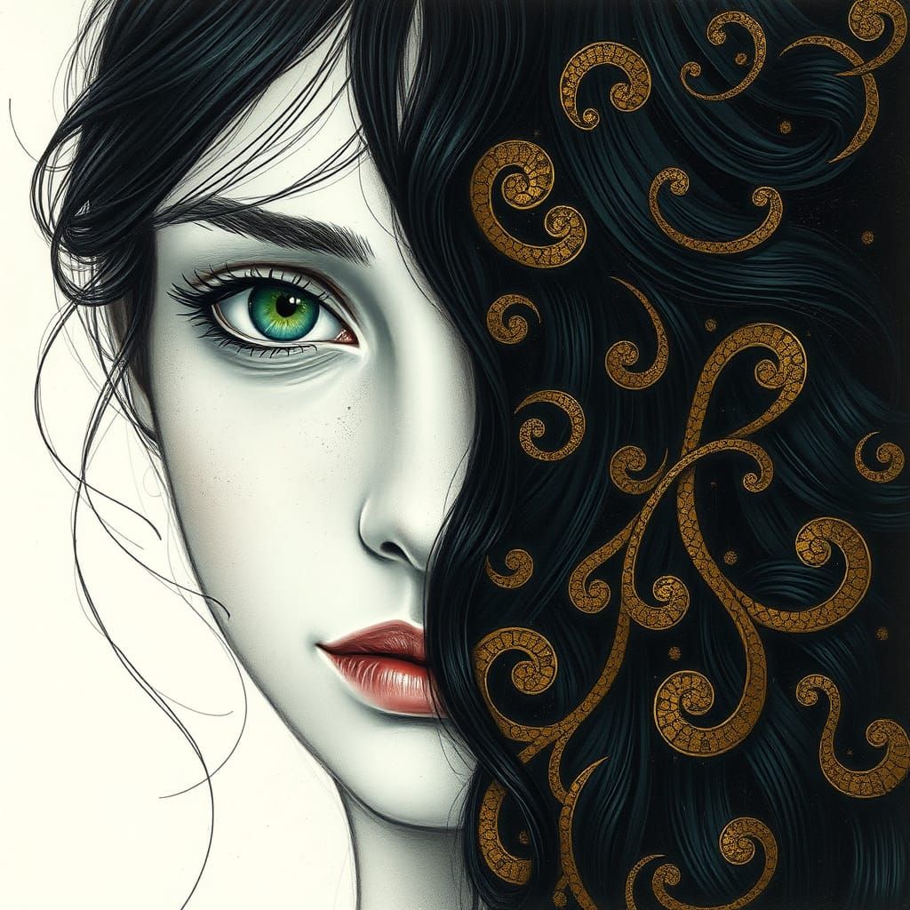 Serene Half-Human Muse with Emerald Eyes and Golde... - AI Art