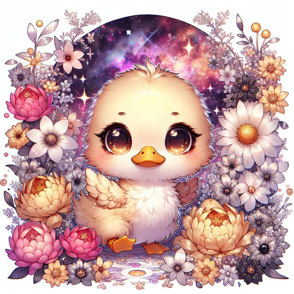 Chibi style of a cute little baby duck, looks friendly curious happy ...