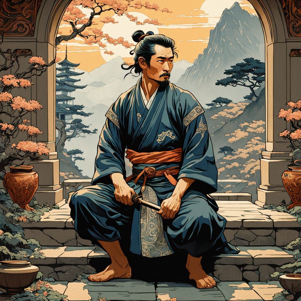 Ethereal Samurai in Art Nouveau Oil Painting - AI Art
