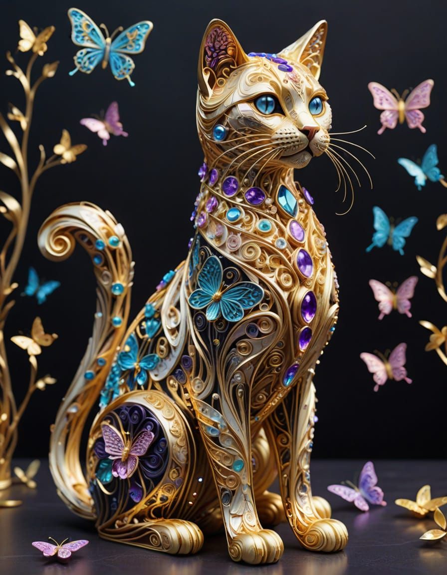 Elegant Golden Cat Statue with Glowing Jewels - AI Art