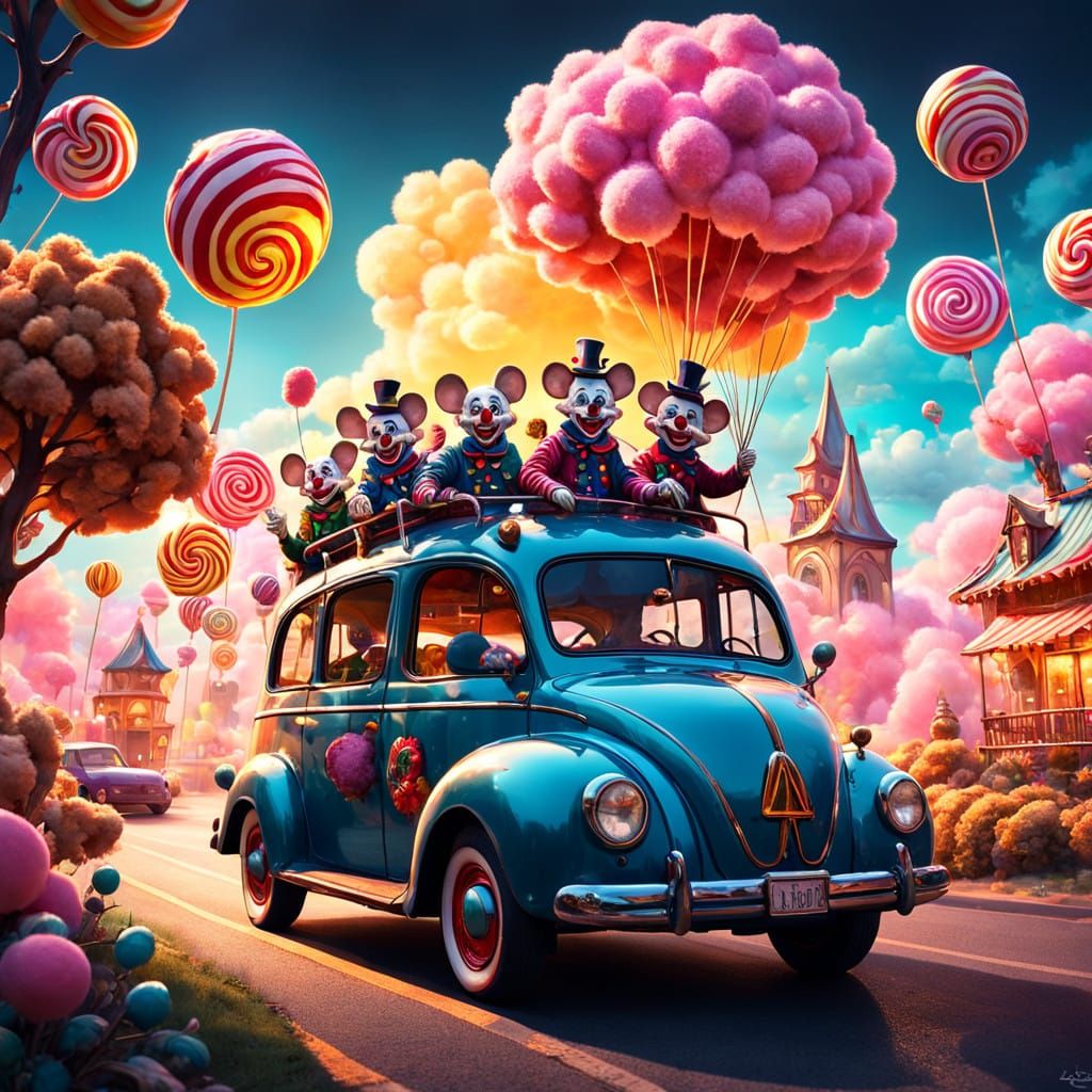 Whimsical Clown Mice in a Vibrant, Colorful Scene - AI Art