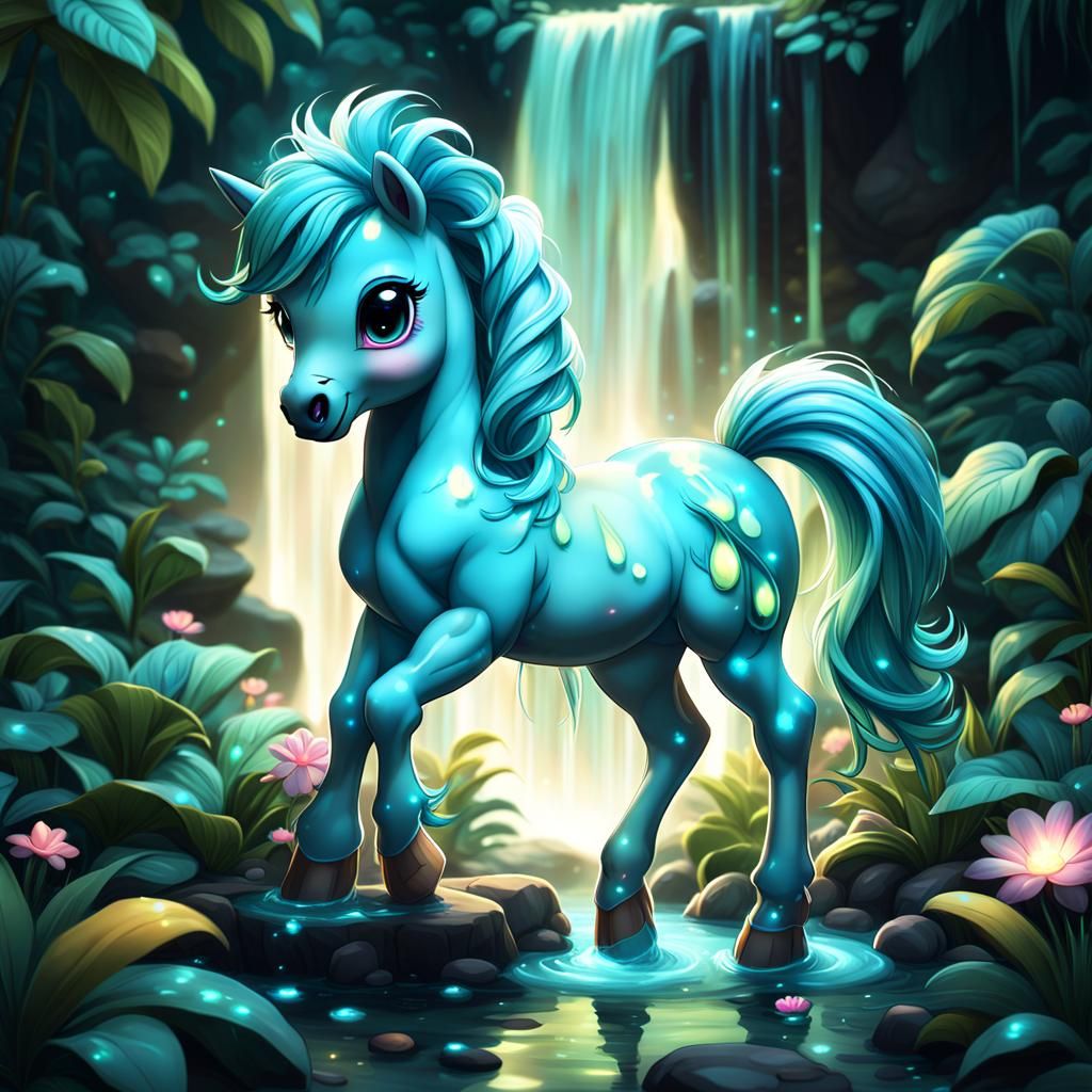 adorable cute chibi baby furry pony with a bioluminescent Waterfall in ...