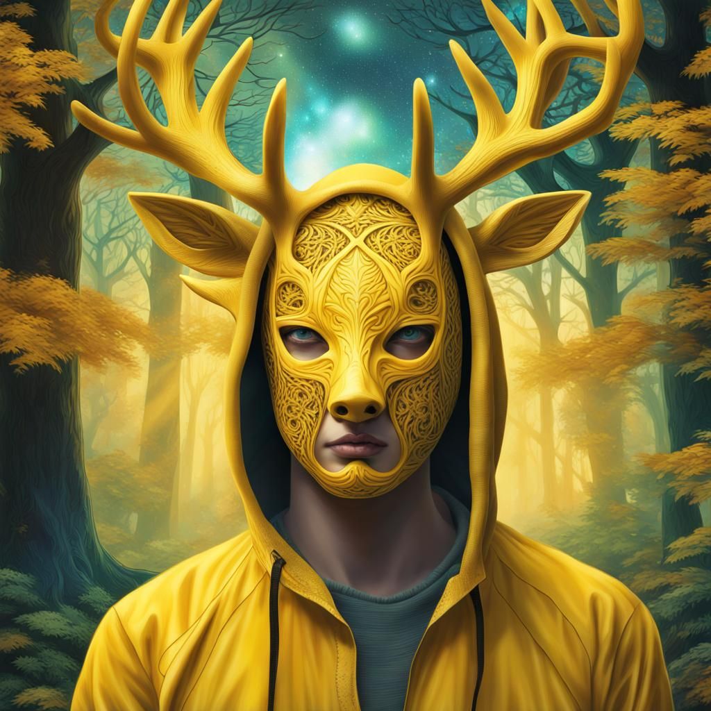 person wearing a yellow deer mask with a yellow head covering his head ...