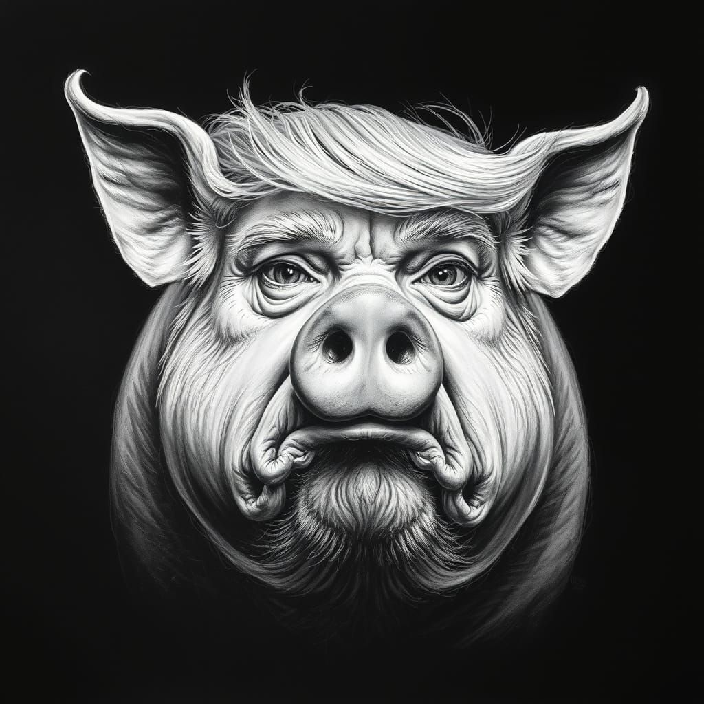 Hyperrealistic Charcoal Portrait of a Rotund Pig w... - AI Art