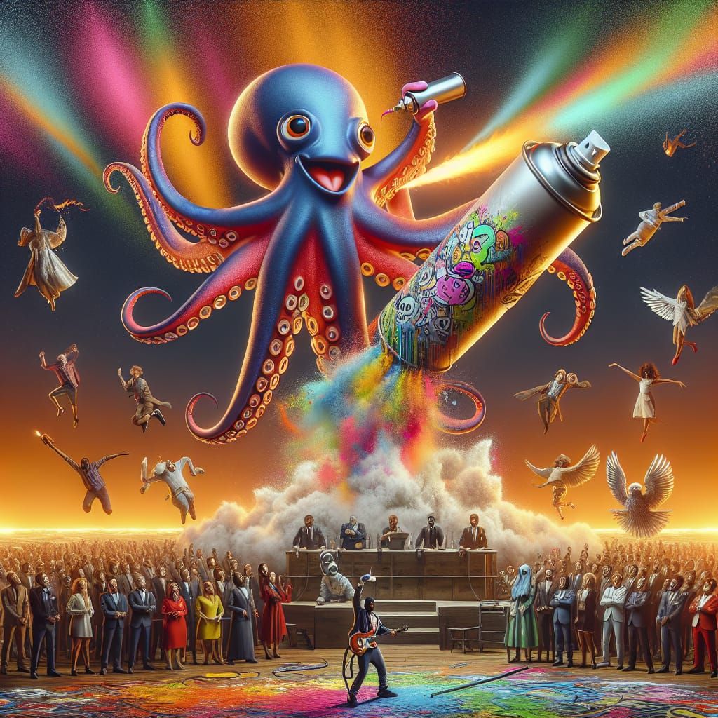 Happy levitating Octopus Spray Painting Graffiti on The Rocket Ship ...