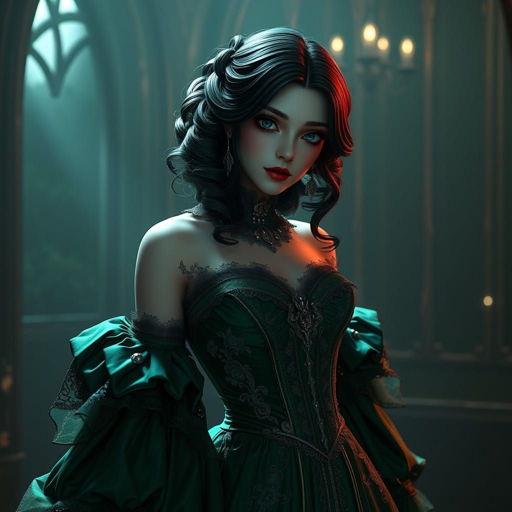 Ethereal Vampire in Emerald Victorian Gown - AI Art