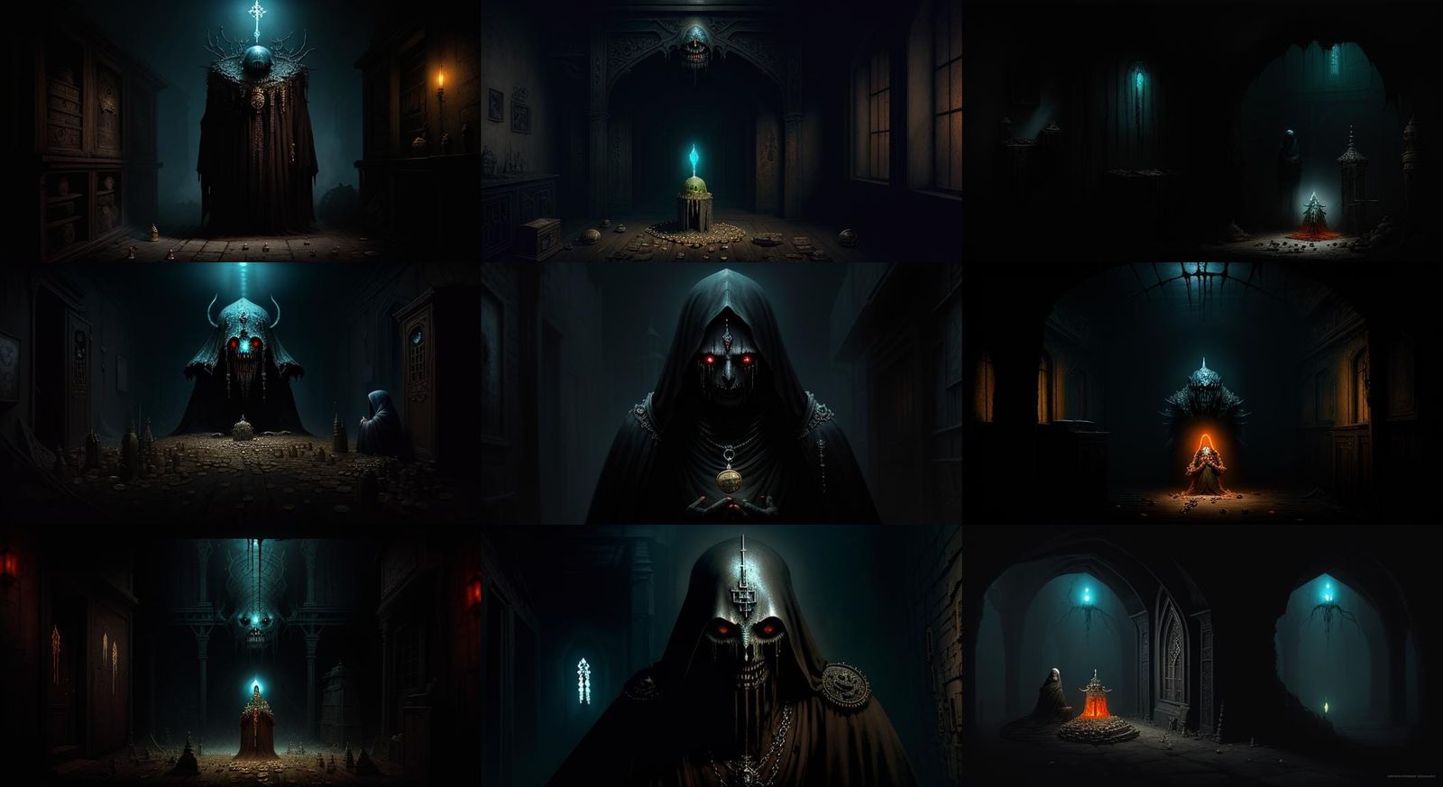 a creepy sinister creature with a coin-filled head in a room, a dark ...