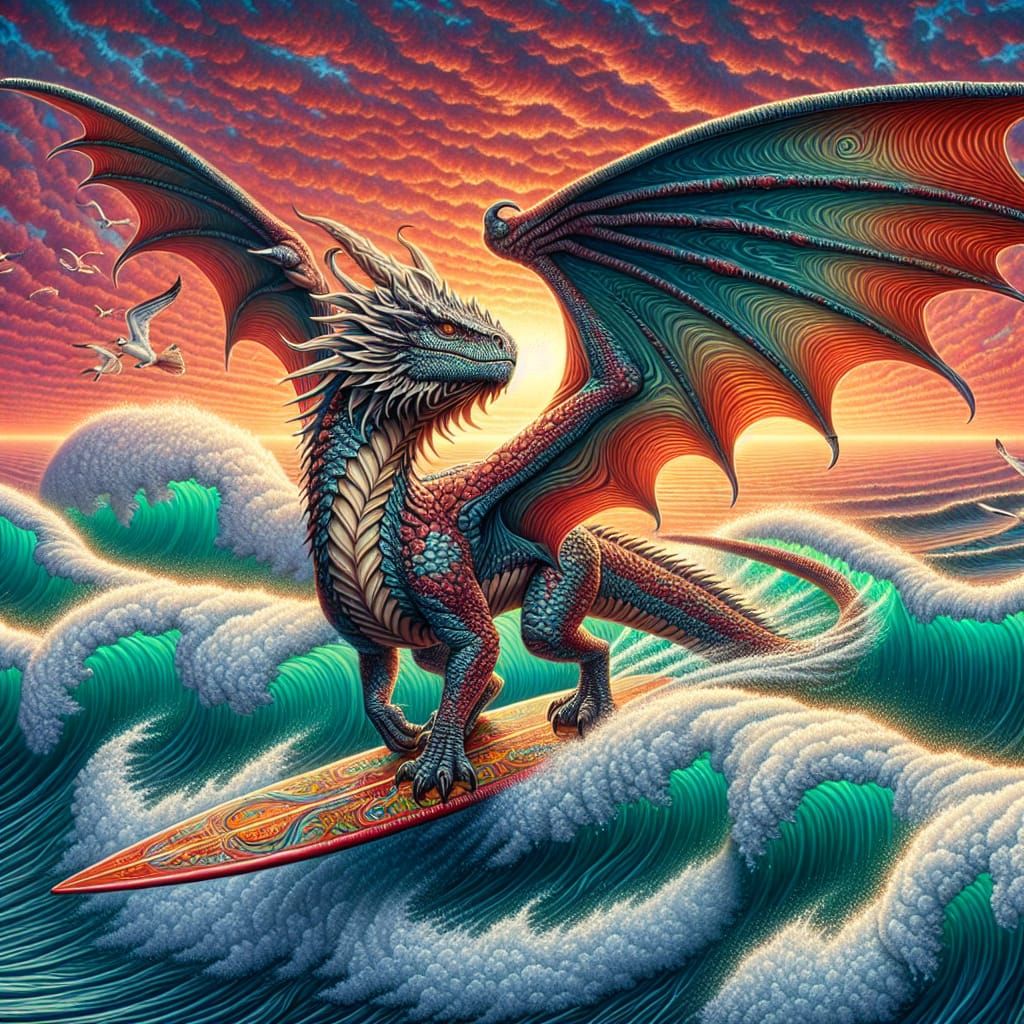 A dragon surfing - Dragon Rides the Turquoise Waves in Suns...