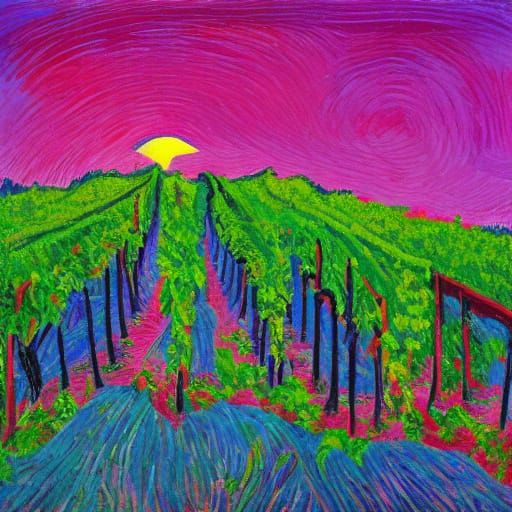 Surrealist Vampire Tends to Grapes in a Moonlit Vi... - AI Art