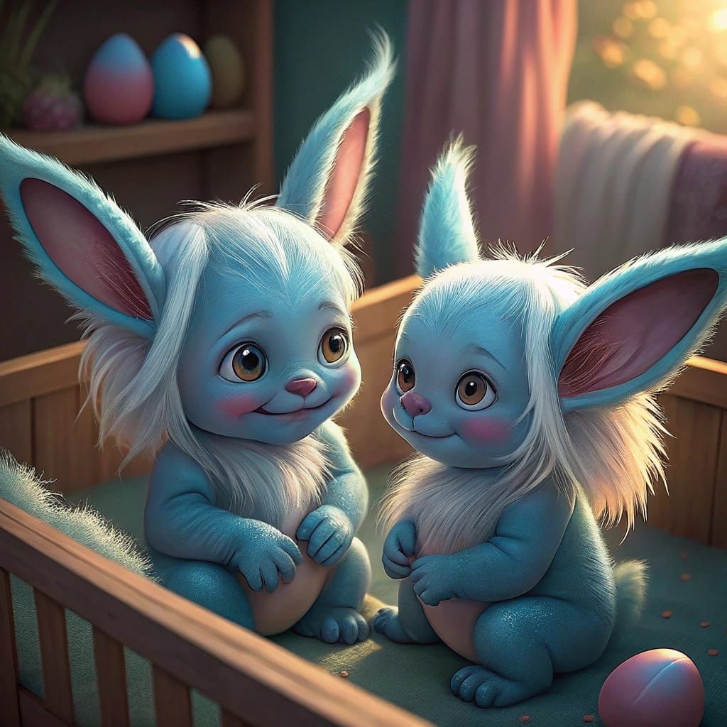 Blue Bunny Twins #1 - Whimsical Alien Twins in Iridescent Bl...