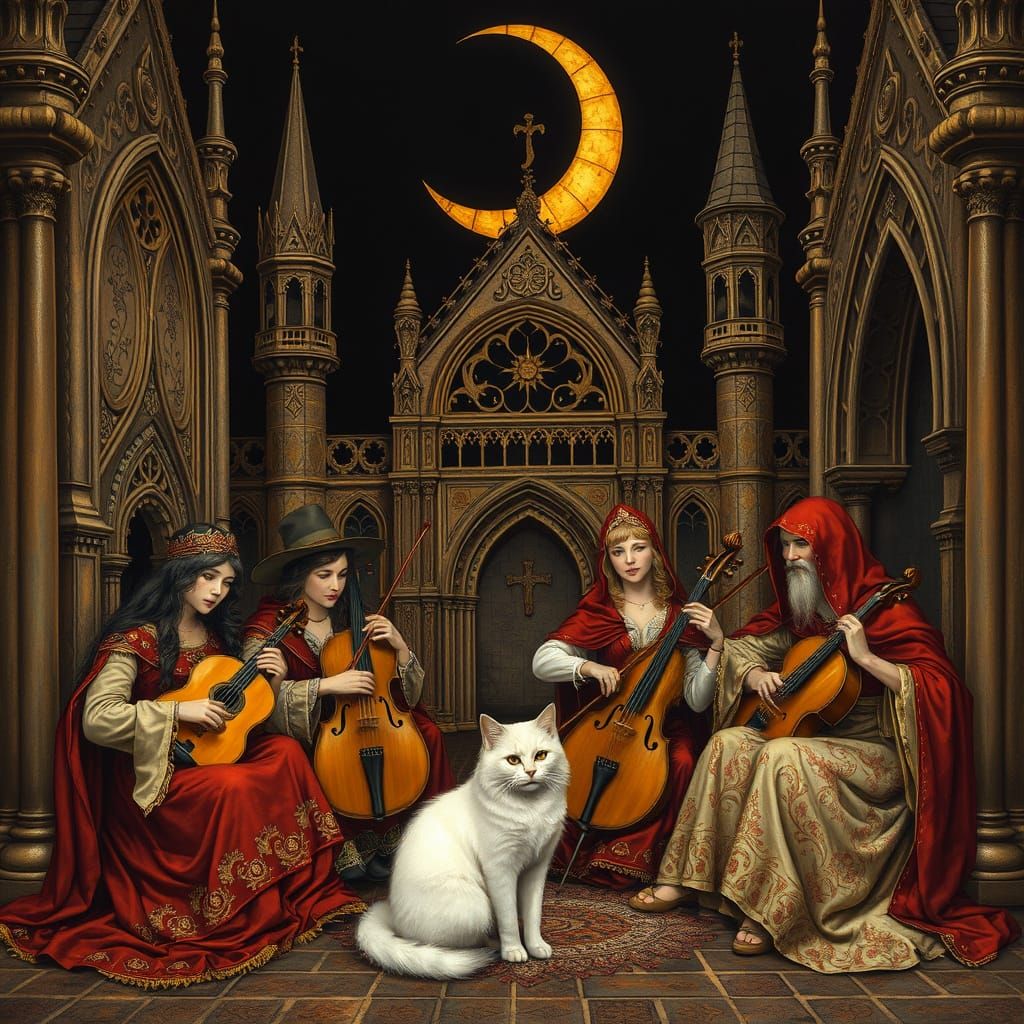 A whimsical fantasy painting in a medieval style depicting a group of ...