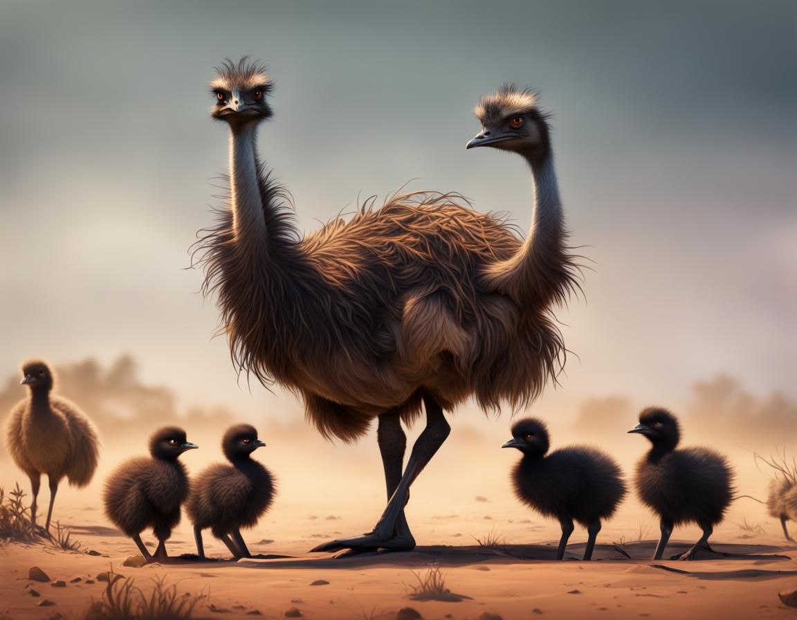 an emu daddy with his chicks - AI Generated Artwork - NightCafe Creator