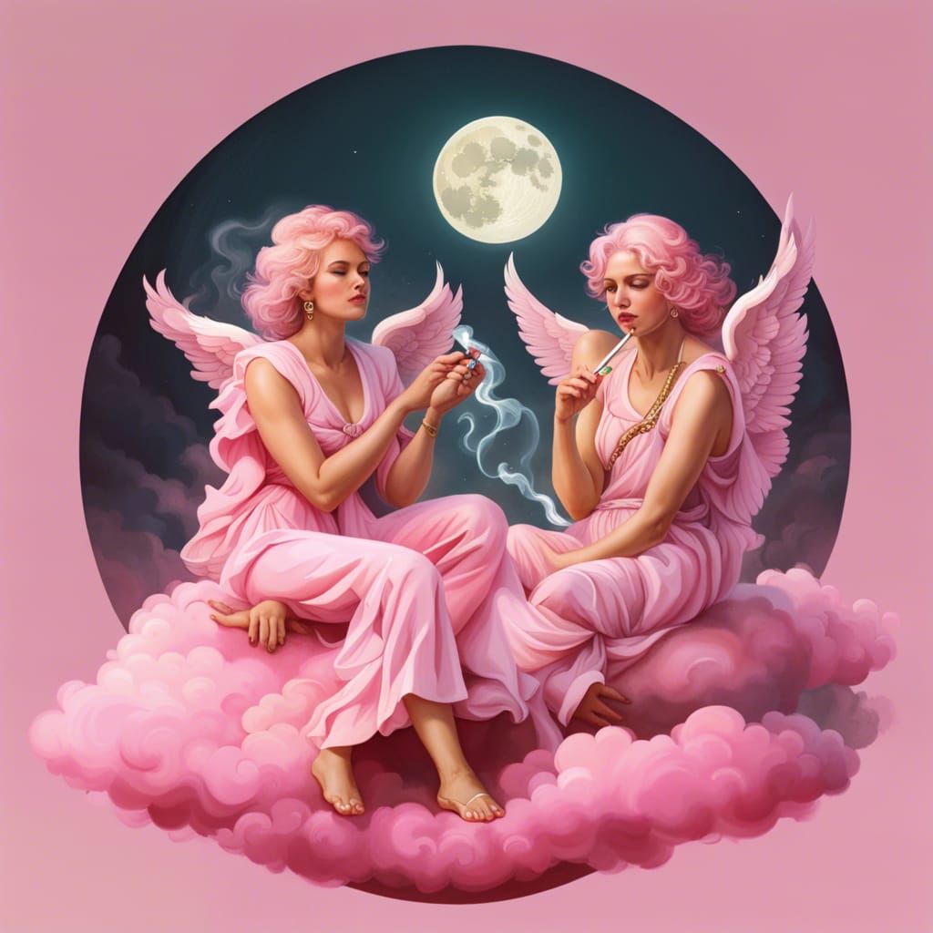 Three Angels sitting on a pink Cloud smoking a Joint under a Full Moon ...