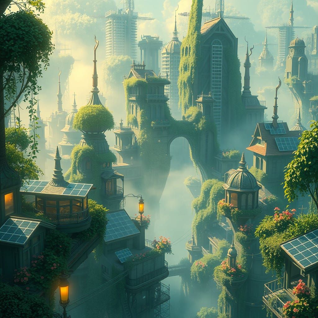 Whimsical Solarpunk City Under Ethereal Glow - AI Art