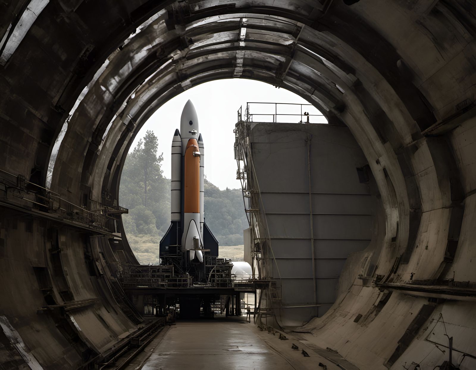 Rocket on the launch pad at the end of a tunnel - AI Generated Artwork ...