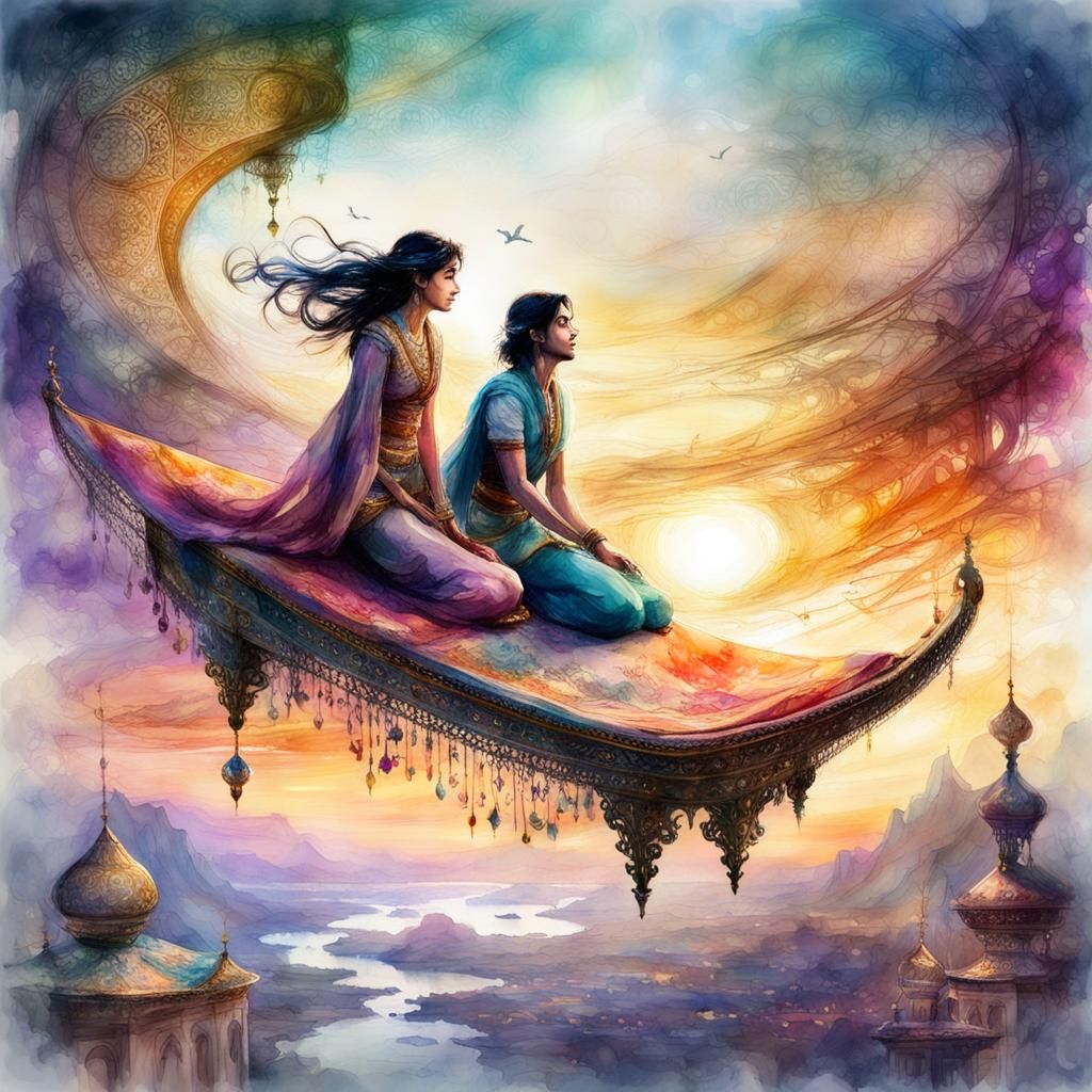 Jasmine and Aladdin flying on a magic carpet - AI Generated Artwork ...