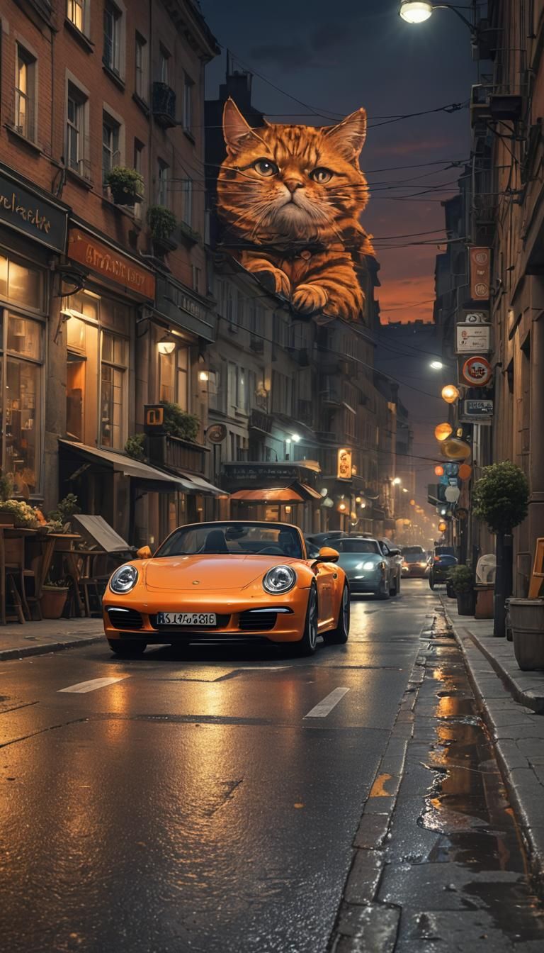 An orange cat drives a roadster. The make of the car is Porsche 911 ...