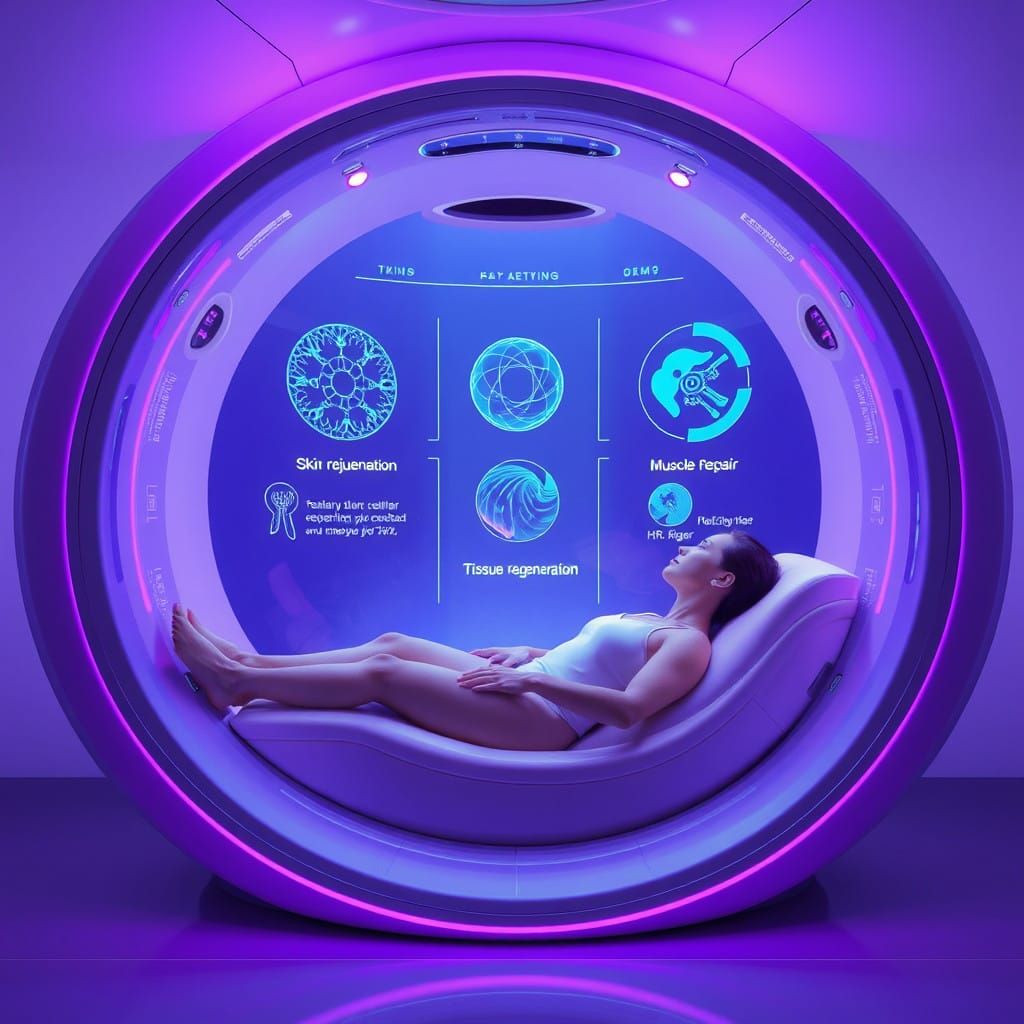 A woman lies in a cell regeneration capsule, is treated, regenerates cells.