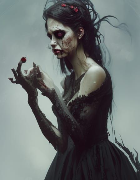 beautiful zombie bride in detailed black dress, full body portrait, 8k ...