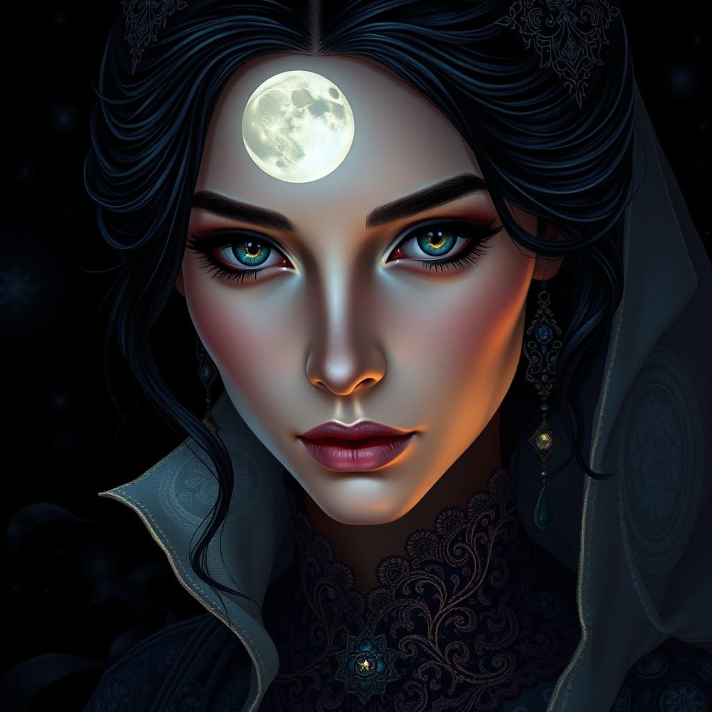 Enigmatic Beauty in Moonlit Fantasy Attire - AI Art