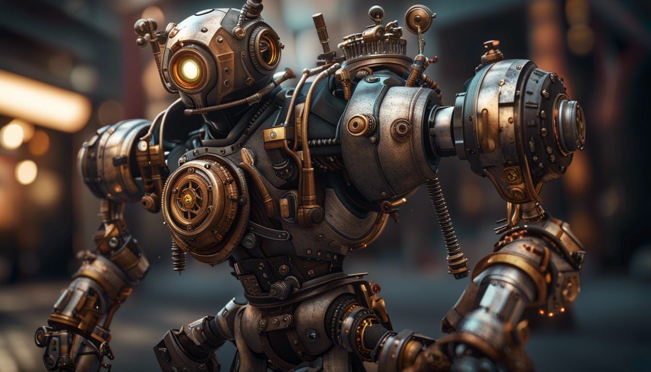 heroic posing Robot punk, steampunk style, 3D Game Cinematic Feel, Epic ...